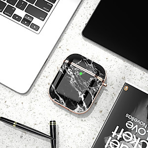 Maxjoy for AirPods Case Cover, Marble AirPod Case for Women Men Hard Protective Shockproof Cute iPod Case with Keychain Clip Compatible AirPods 2nd 1st Generation Charging Case 2&1, Black