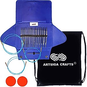 addi Click Rocket 2 Square Standard 5-Inch Interchangeable Ergonomic Circular Knitting Needle Set Sizes US 4, 5, 6, 7, 8, 9, 10 & 11 with 3 Cords, Canvas Case with Project Bag