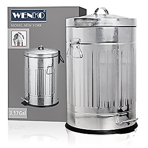 WENKO Step Trash Can with Lid and Pedal, Retro Metal Garbage Bin, for Bathroom, Kitchen, Office, Soft Close, 3.17 Gallon, 10 x 16.5 x 10 in, Gray