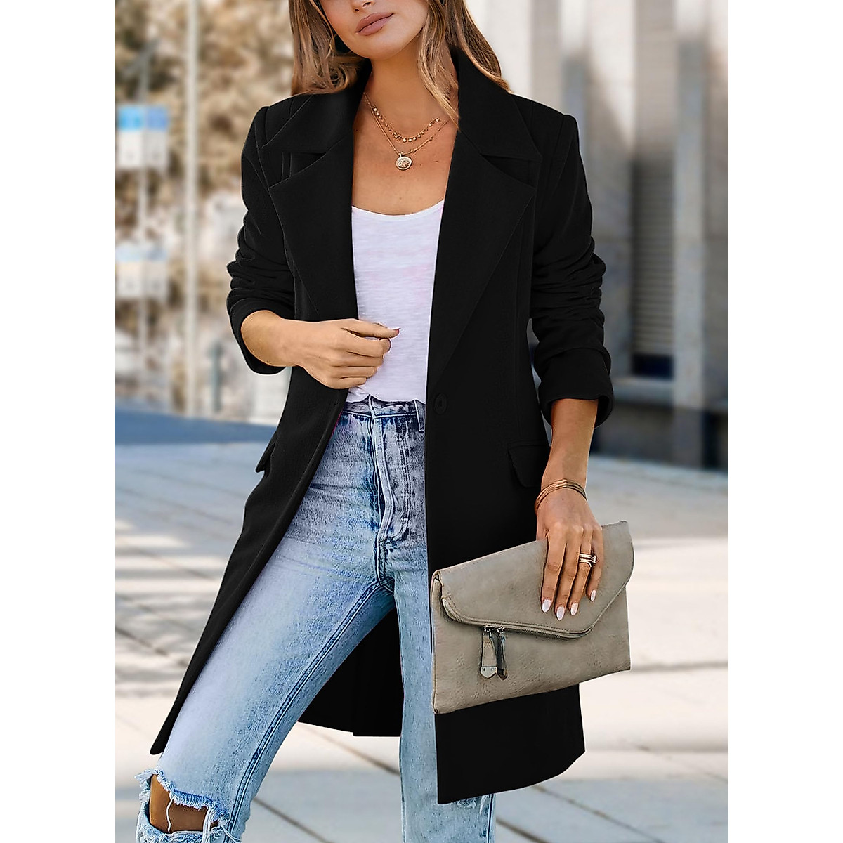 PRETTYGARDEN Women's 2024 Fall Long Blazer Jackets Long Sleeve Lapel Pockets Loose Fit Work Casual Blazers Outerwear (Black,Small)