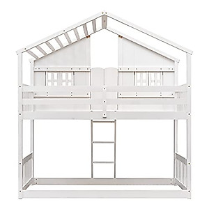 ERYE Twin Over Twin House Bunk Bed with Roof,Window, Window Box and Window Door,Twin Size Wooden Bunk Bed with Safety Guardrails and Ladder for Kids Children Teens Boys and Girls,White