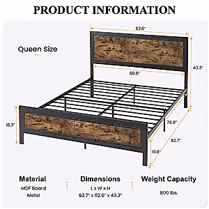 SHA CERLIN Grey Metal Bed Frame Queen/Industrial Wooden Platform Bed with Rivet Headboard/No Box Spring Needed