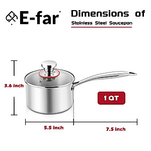 E-far 1-Quart Saucepan, Tri-Ply Stainless Steel Sauce Pan with Glass Lid, Small Cooking Induction Pot Compatible with All Cooktops, Non Toxic, Oven & Dishwasher Safe