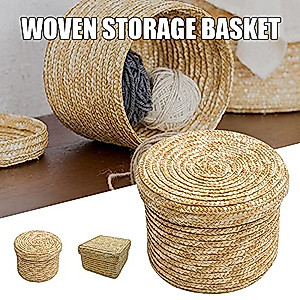 Zhuxin Woven Straw Storage Baskets with Lid, Rattan Snack Container Multipurpose Bins Laundry Toys Organizer Household, Round Large Diameter 22cm Height 17cm