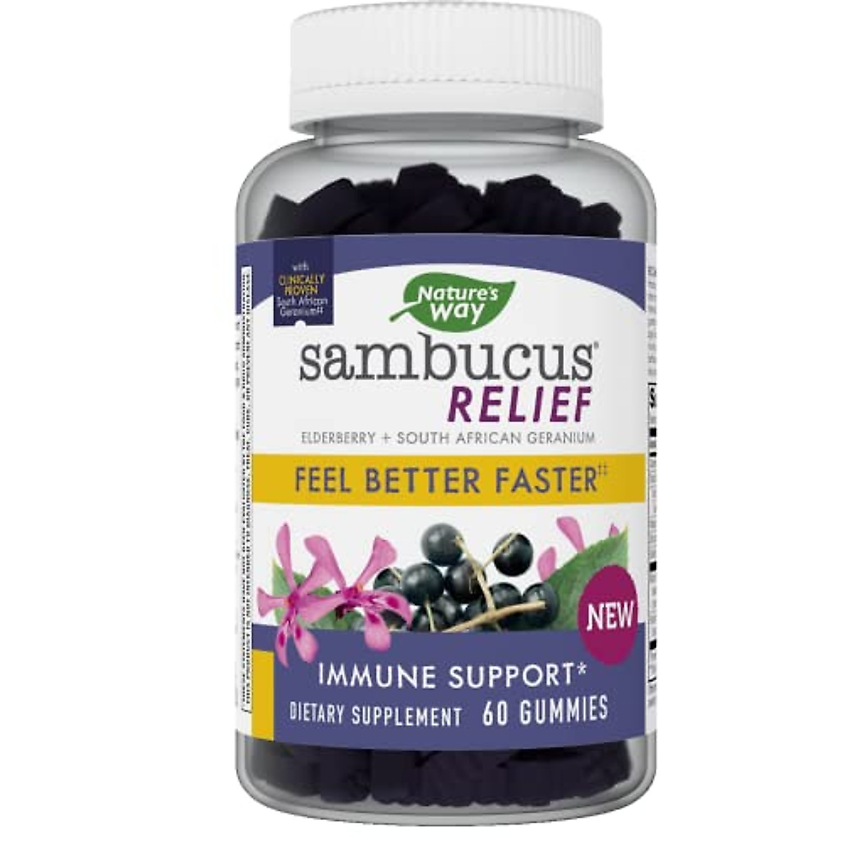Nature’s Way Sambucus Relief Gummies, Feel Better Faster**, Reactive Support, Clinically Proven South African Geranium, with Elderberry, Vitamin C & Zinc, 60 Gummies