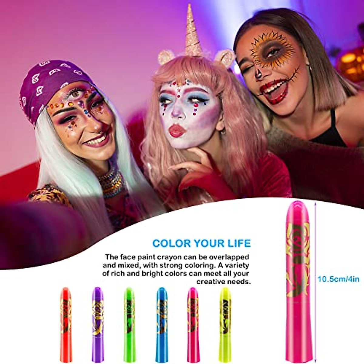 Face Paint Crayons Glow in The Dark Body Painting Kit Under UV and Black Light Makeup Non-Toxic for Halloween Masquerades Easter Festivals Party Supplies (6 Colors)