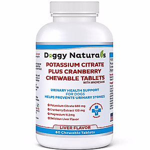 Potassium Citrate Plus Cranberry with Magnesium Supplement for Dogs (60 Tablets) - Urinary Tract Support - Helps Deter Formation of Calcium Oxalate Stones-Deters Bladder & Kidney Stones(Made in U.S.A)