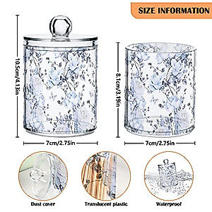 xigua 2 Pack Light Blue Flowers Apothecary Jars with Lid, Qtip Holder Storage Containers for Cotton Ball, Swabs, Pads, Clear Plastic Canisters for Bathroom Vanity Organization (10 Oz)