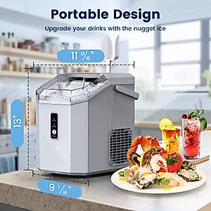 FREE VILLAGE Nugget Ice Maker Countertop, Pebble with Soft Chewy Pellet Ice, 11,000pcs/35Lbs/Day, Self-Cleaning, One-Click Operation, Portable Machine for Home Kitchen Bar Party, Grey