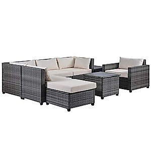 ELOMBR 8 Pieces Outdoor Sectional Sofa, Wicker Patio Furniture Sets, PE Rattan Patio Conversation Sets with Cushions and Wood Table, Grey & Beige