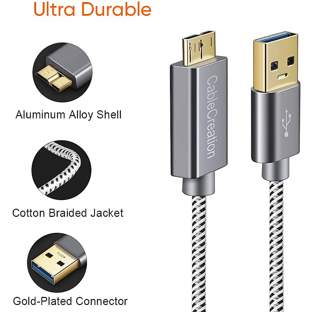 CableCreation Short USB3.0 Hard Drive Cable 1FT, USB 3.0 A to Micro B Cable 5Gbps Data, USB 3.0 External Hard Drive Cable Works for WD Toshiba Seagate Hard Drive Galaxy S5 and More 0.3m