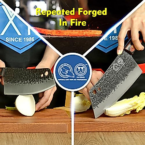 XYJ Authentic Since 1986, Forged Kitchen Knife Set, High Carbon Steel Cleavers, 5pcs Knives Set With Roll Bag, Bone Scissors, Honing Steel, Mini Knife, Sharp For Chopping Meat Vegetables