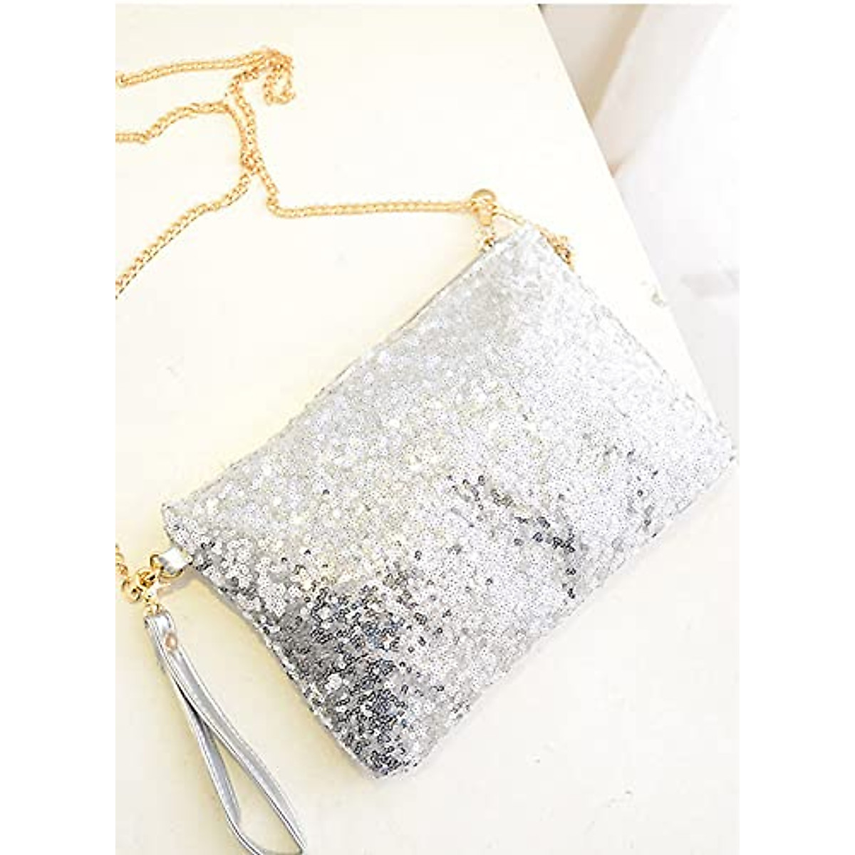 VINMEN Sparkling Glitter Sequins Evening Crossbody Clutch Bride Purse for Party Bling Handbag for Wedding (Silver)