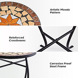 VONLUCE Mosaic Side Table and Plant Stand, 21" Round End Table with 14" Ceramic Tile Top, Indoor & Outdoor Accent Table, Porch Patio Furniture, Entryway & Coffee Table for Home & Garden, Maple