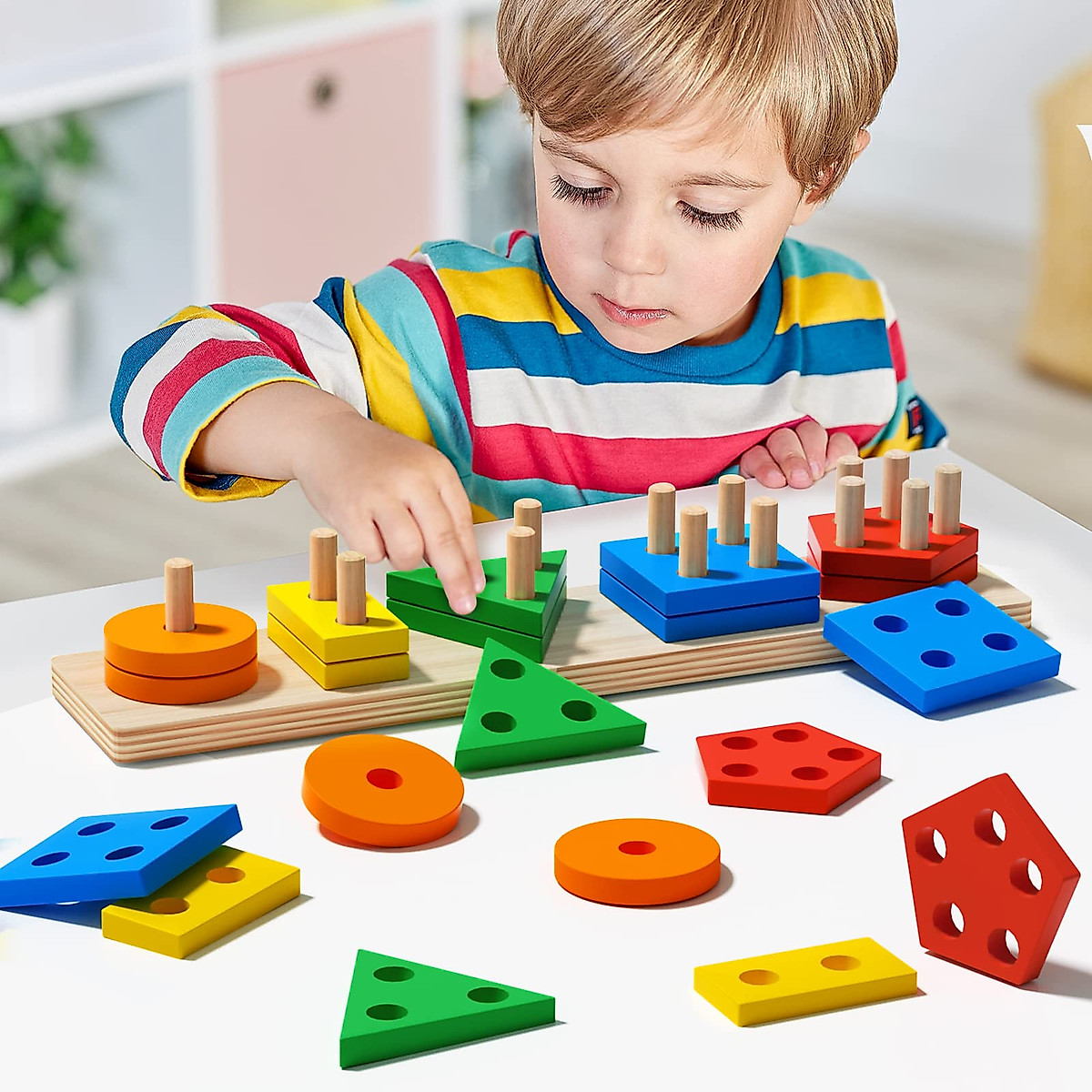 Dreampark Wooden Educational Toys, Wooden Shape Color Sorting Preschool Stacking Blocks Toddler Puzzles Toys Birthday Gifts for Boys and Girls Age 1 2 3