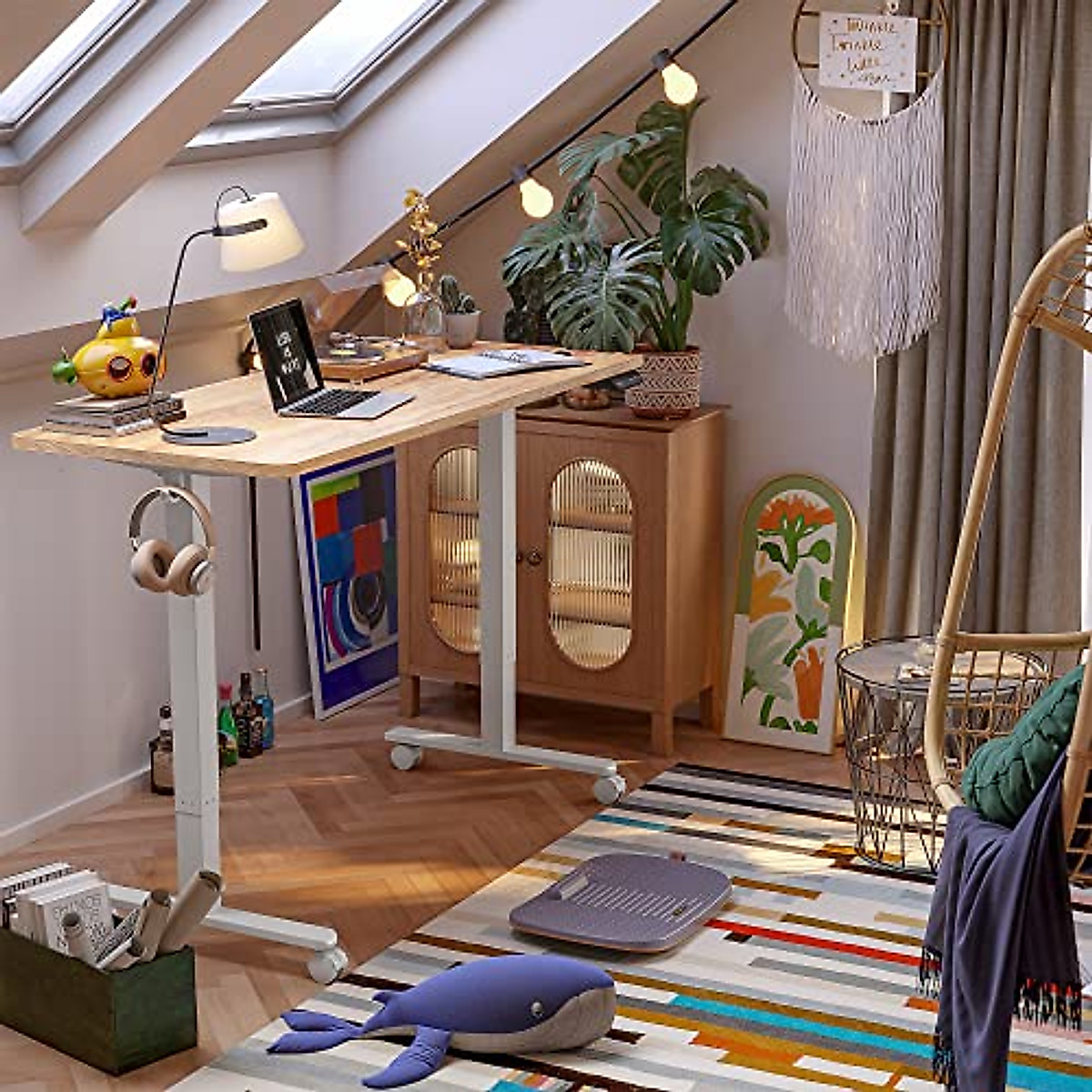 FEZIBO Electric Standing Desk, 55 x 24 Inches Height Adjustable Table, Ergonomic Home Office Furniture with Splice Board, White Frame/Maple