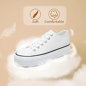 Rominz Women's Platform Sneakers Fashion PU Leather Low Top Lace-Up Platforms Shoes for Women Lightweight Comfortable Classic Casual Slip On Shoes Walking Shoes(White, US8)