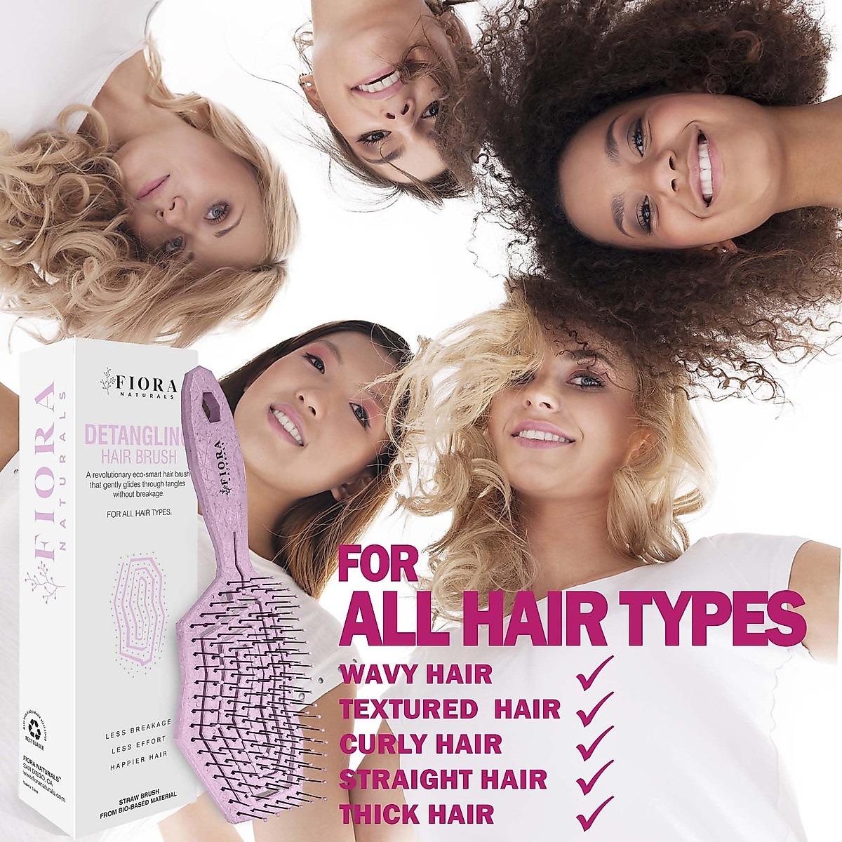 Fiora Naturals Hair Detangling Brush -100% Bio-Friendly Hair Detangler Brush w/Ultra-soft Bristles- Glide Through Tangles with Ease - For Curly, Fine, Women, Men, Kids, Toddlers, Wet and Dry Hair