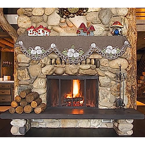 Embroidered Fireplace Mantel Scarf with White Daisy on Brown Linen and Cut Work (19Wx90L)