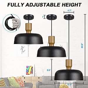 Darkaway Industrial Pendant Light Fixtures Ceiling Hanging with Hammered Metal Shade, Black Pendant Light for Kitchen Island Lighting Hanging Lamp Adjustable Height, Medium 2 Pack