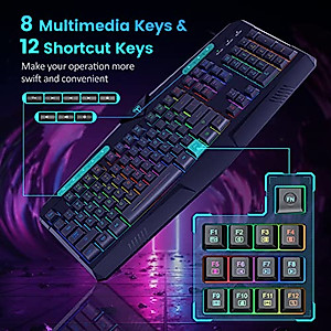 Dacoity Gaming Keyboard, Full Size RGB Backlit Quiet Computer Keyboard, Wrist Rest, Silent Keys, Multimedia Keys, Anti-ghosting, Waterproof Light Up USB Wired Keyboard for PC Mac Xbox Gamer Office