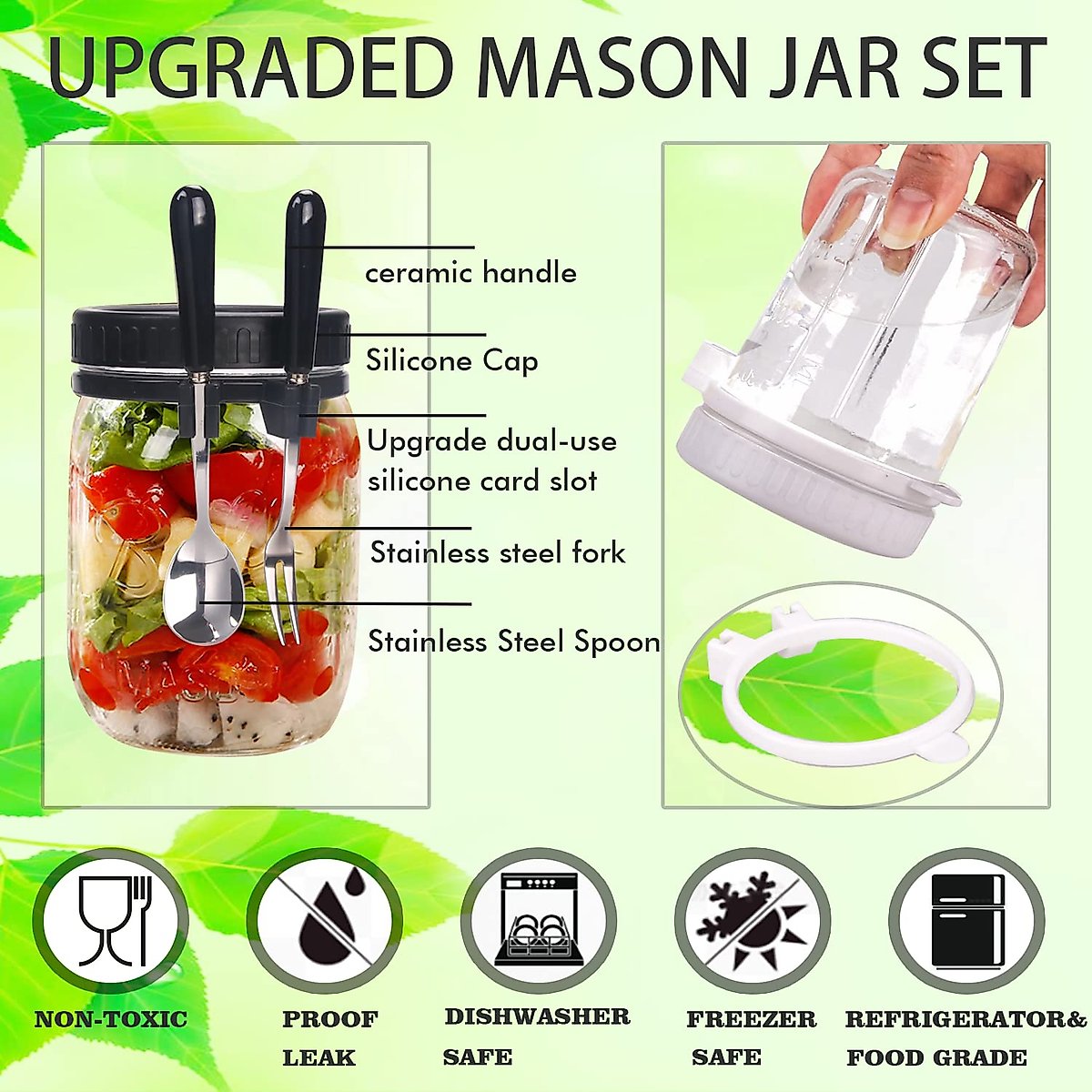 Overnight Oatmeal Lid，Overnight Oats Containers 4 piece set，Pickle Fork ，spoon，Suitable for mason jars and overnight oats jars(black White，Jars not Included)