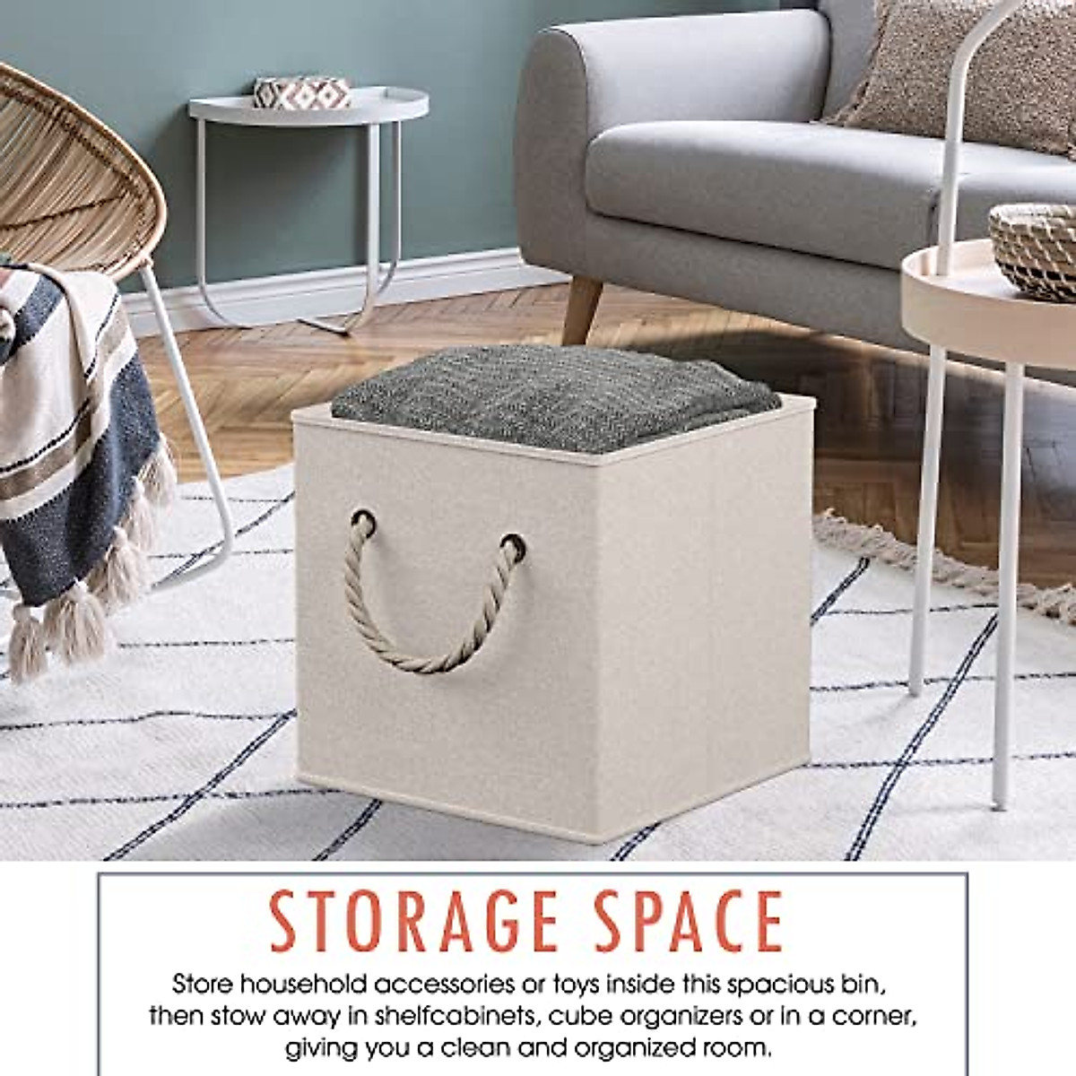 Ornavo Home Foldable Collapsible Storage Box Bins Linen Fabric Shelf Basket Cube Organizer with Rope Handles - Set of 6 - 13 x 13 x 13 - Beige