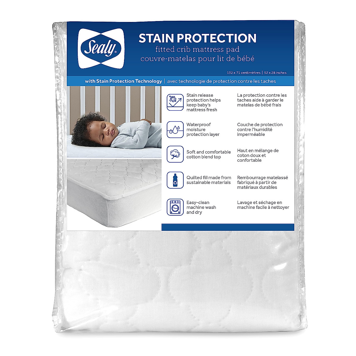 Sealy Stain Protection Waterproof Fitted Toddler Bed and Baby Crib Mattress Pad Cover Protector, Noiseless, Machine Washable and Dryer Friendly 52" x 28" - White