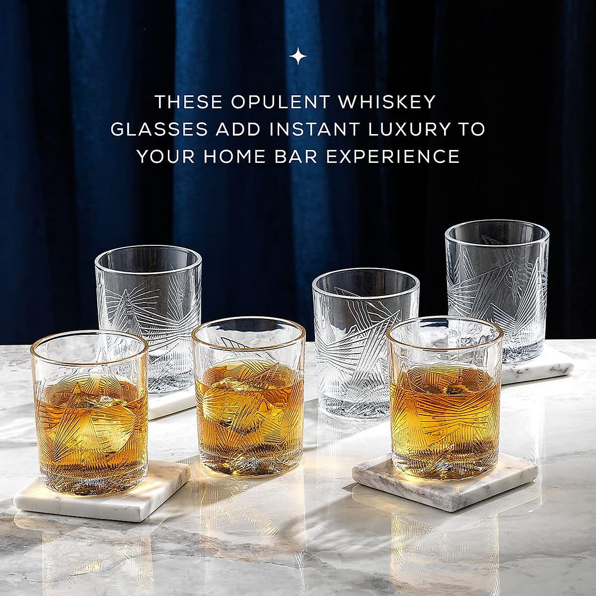 JoyJolt Gatsby Whiskey Glass Set of 6 Textured Whiskey Glasses for Bar (10oz). Old Fashioned Rocks Glasses for Scotch, Bourbon and Liquor. Unique Whiskey Tumblers, Rocks Glass Set or Cocktail Glass
