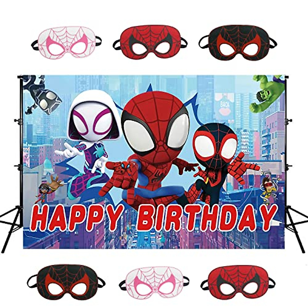 Spidey and His Amazing Friends Party Birthday Background, Spider Party Supplies,5x3Ft Spidey Photo Backdrop and 6 Pcs Spidey Party Cosplay Masks for Any Spidey Birthday Decor