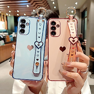 DEFBSC Compatible with Samsung Galaxy A14 5G Case, Electroplated Edge Love Heart Case with Wrist Strap, Full Camera Protection Raised Reinforced Corners Shockproof Soft TPU Cover, Pink