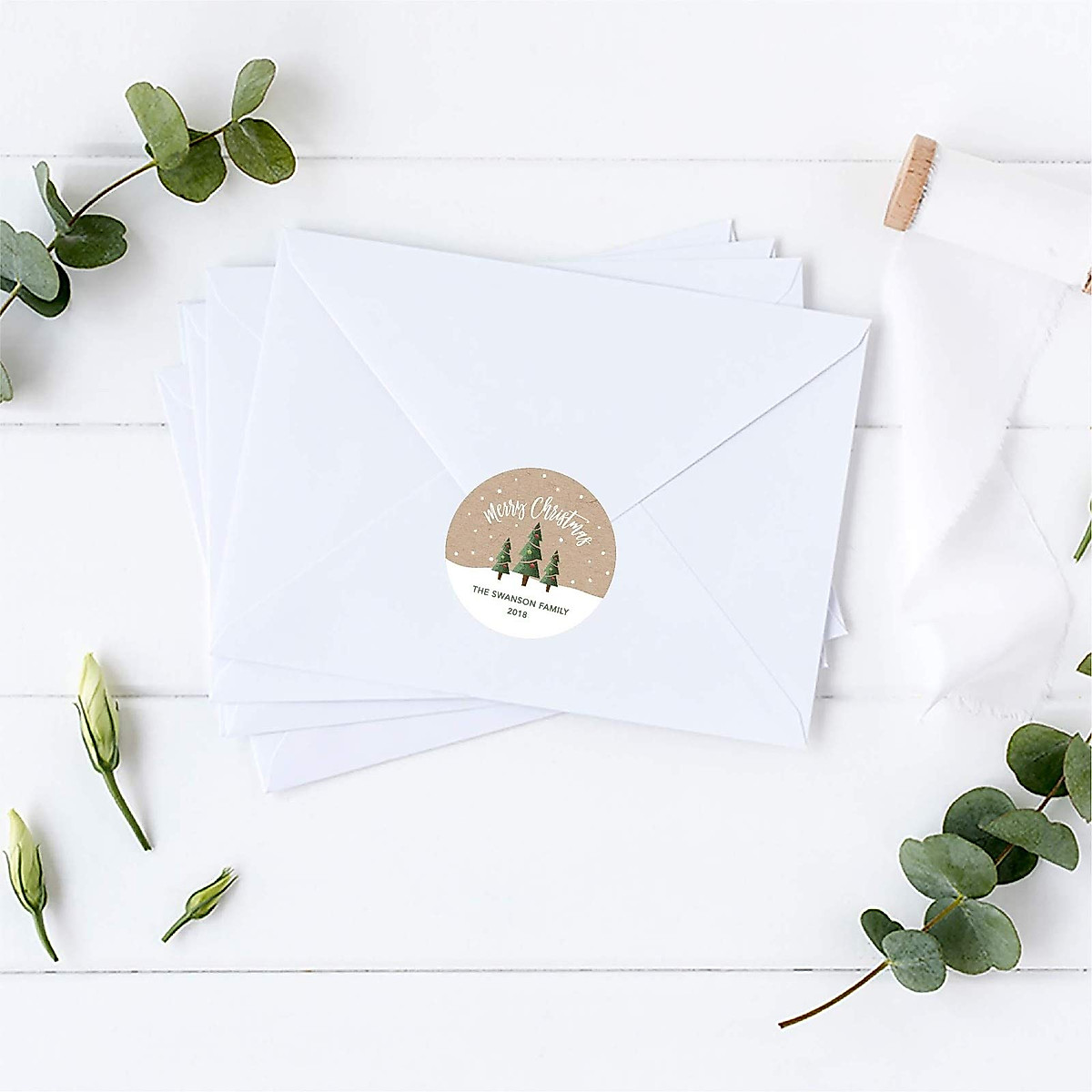 Andaz Press Personalized Christmas Round Circle Gift Sticker Labels, Christmas Trees on Kraft Brown, Merry Christmas 40-Pack, Custom Name Year, Stationery Packaging Envelope Letter Label