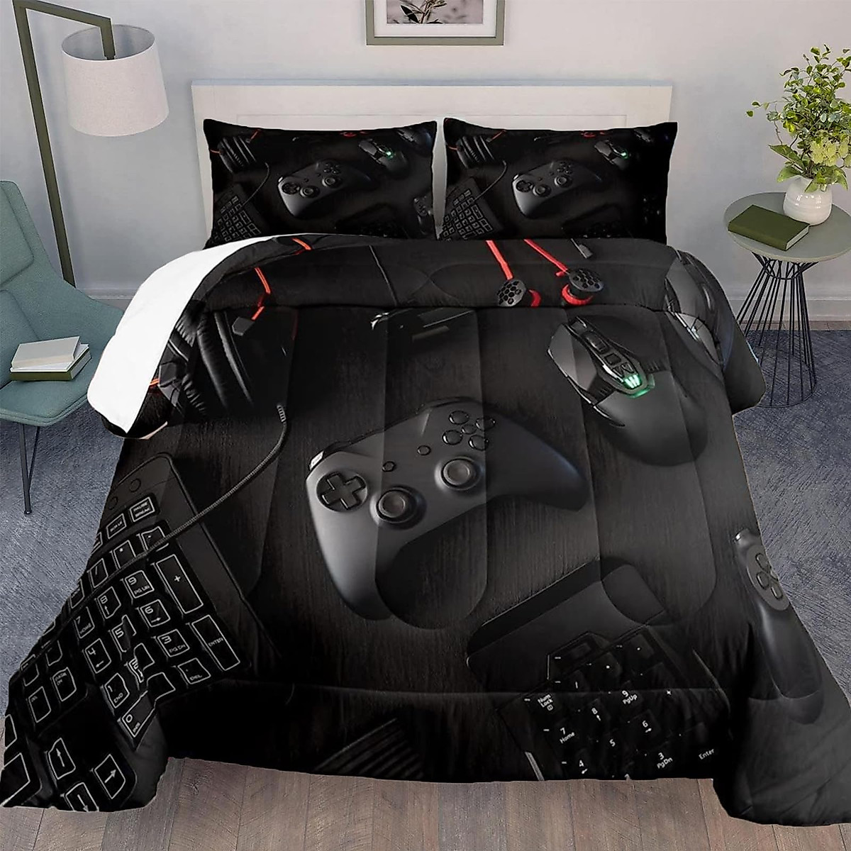 YHXSLY Gamer Comforter Set Twin Size for Boys Kids 3D Gaming Microfiber Quilts Black Video Game Bedding Sets Room Decor Gaming Bedding Set All Season for Game Lovers