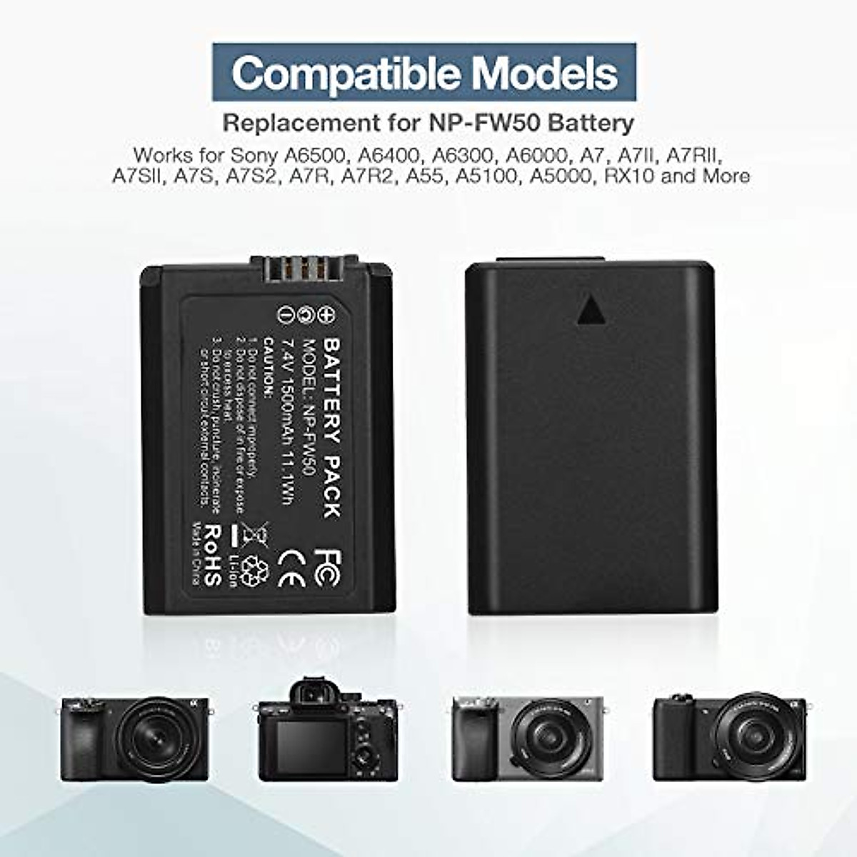 NP-FW50 Battery 2 Packs 1500mAh Rechargable Li-ion Batteries and Dual Charger for Sony A6500, A6400, A6300, A6000, A7, A7II, A7RII, A7SII, A7S, A7S2, A7R, A7R2, A55, A5100, RX10, RX10II
