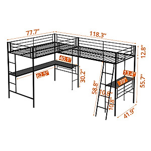 INCLAKE Twin Size L-Shaped Loft Bed with 2 Built-in Desks, Metal Loft Corner Bed with 2 Ladders and Safety Guard Rail, Heavy-Duty Bunk Bed for 2 Children Adults, Space Saving & No Noise, Black