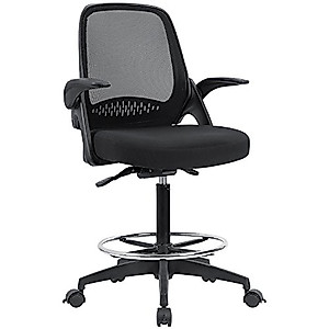 Devoko Drafting Chair Tall Office Chair with Flip-up Armrests Executive Computer Standing Desk Chair with Lockable Wheels and Adjustable Footrest Ring (Black)