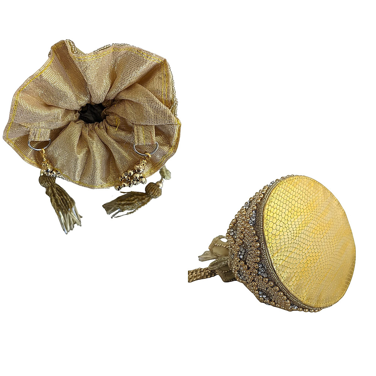 Women Handmade Beadwork Motif, Indian Potli Bag, Drawstring Bucket Bag, Bridal Evening Purse In Gold (Gold #1)