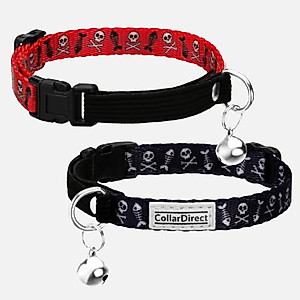 CollarDirect Skull Cat Collar Breakaway with Bell Pack of 2 PCS, Adjustable Kitten Collar for Cats Safety Elastic Strap Black Pink Orange Green Blue Red (Red-Black)