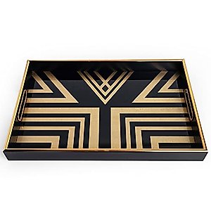 DIVERSITY TRADE Gold & Black Serving Tray w/ Handles – 17'' x 12'' Black Decorative Tray Large Ottoman TrayLiving Room Leak Proof Coffee Table Tray Glass Serving TrayOttoman Coffee Table (CX80225)