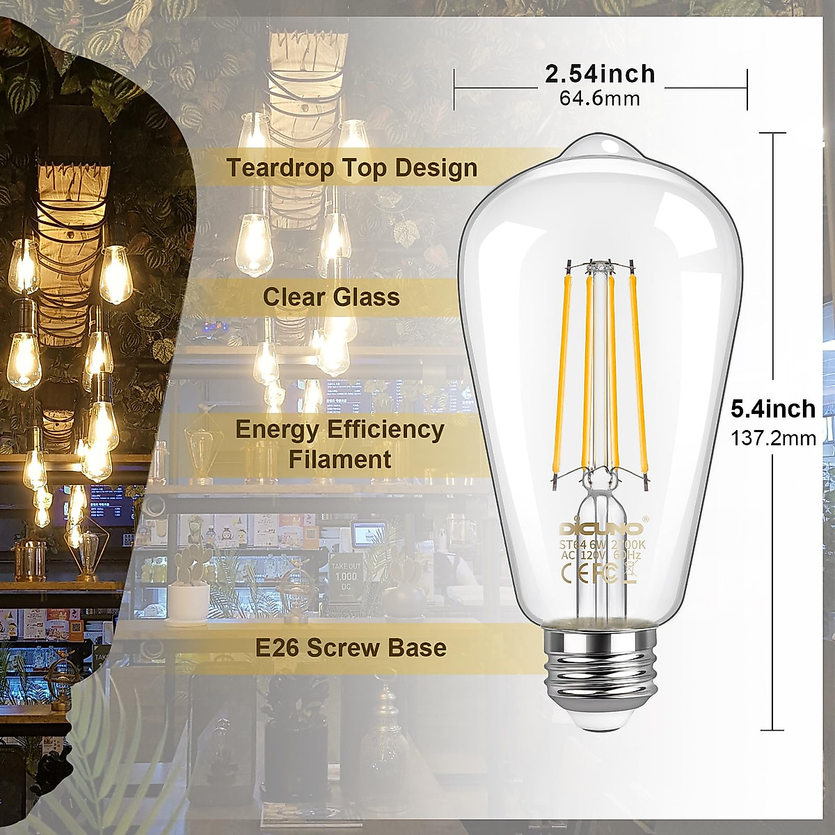 DiCUNO ST64 Edison LED Bulb 60W, Warm White 2700K, 6W LED Edison Bulb, Vintage Filament Light Bulbs for Decoration, 800LM, Non-Dimmable, Clear Glass, 80+ CRI, Pack of 6