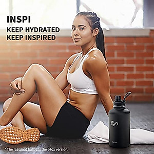 Water Bottle Insulated 64oz, INSPI Stainless Steel Water Bottle with Straw & 3 Lids, Half Gallon Large Water Jug Wide Mouth, 64 oz Triple Wall Vacuum Hydro Jug, Keep Cold for 48Hrs Flask, Black