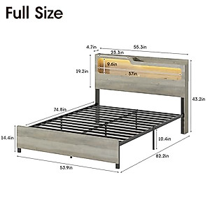 Fameill Full Size Bed Frame with 2-Tier Headboard, Metal Platform Bed Frame RGB Led Lights with Charging Station, No Box Spring Needed, Noise Free