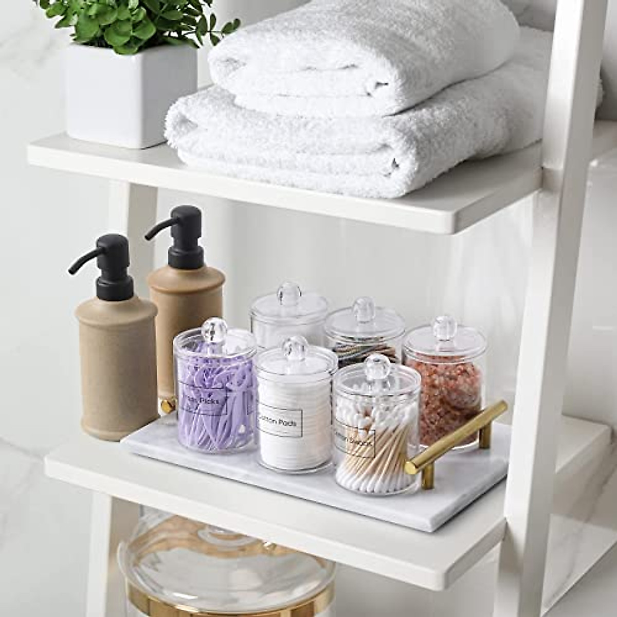 10 Pack Qtip Holder Dispenser for Cotton Ball, Cotton Swab, Cotton Round Pads, Floss - 10 oz Clear Plastic Apothecary Jar Set for Bathroom Canister Storage Organization, Vanity Makeup Organizer