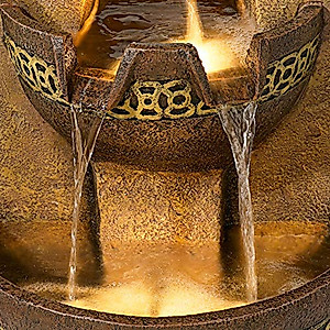 Four Bowl Modern Rustic Outdoor Cascading Floor Water Fountain with LED Light Faux Stone 41" for Yard Garden Patio Backyard Deck Home Lawn Porch House Exterior Balcony - John Timberland