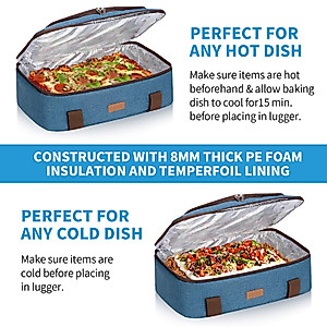 LHZK Double Decker Insulated Casserole Carrier for Hot or Cold Food, Expandable Hot Food Carrier, Lasagna Holder Tote for Potluck Parties, Picnic, Beach, Fits 11 x 15 or 9 x 13 Baking Dish (Blue)
