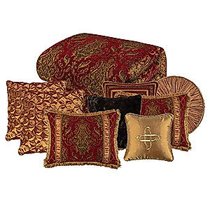 Loom and Mill 13-Piece Comforter Bed in a Bag, Classic Damask Jacquard Comforter Sets King, Luxury Bedding Set with Bed Skirt, Euro Shams and Decorative Pillows, All Season(Florence, King) Red