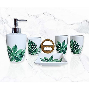 Green Tropical Bathroom Accessory Sets Sturdy Housewarming Gift 5 Pieces Ceramic Bath Accessories Collection Set Palm Tree Decor Toothbrush Holder Lotion Dispenser Soap Dish Tumbler (Green Tropical)