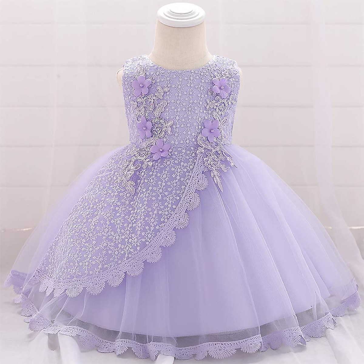 Lace Flower Girls Sequins Bowknot Tutu Dress for Kids Baby Christening Baptism Communion Birthday Party Formal Dress Toddler Infant Princess Pageant Wedding Bridesmaid Tulle Gowns Purple 12-18 Months