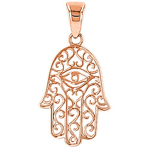 Jewelry America Solid 14K Rose Gold Filigree Hamsa Hand of Fatima with Evil Eye Charm Pendant