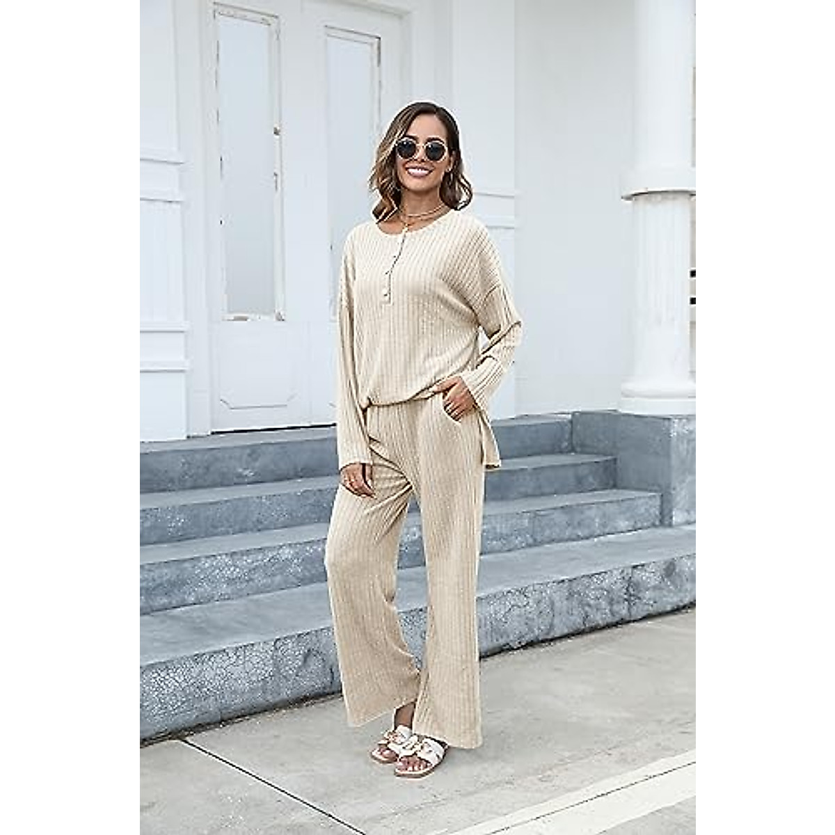 FREEYE Two Piece Outfits for Women, 2023 Fall Lounge Sweatsuits Knit Sweater Sets Pullover Loungewear Matching Pants Comfy Maternity Pajamas Apricot M